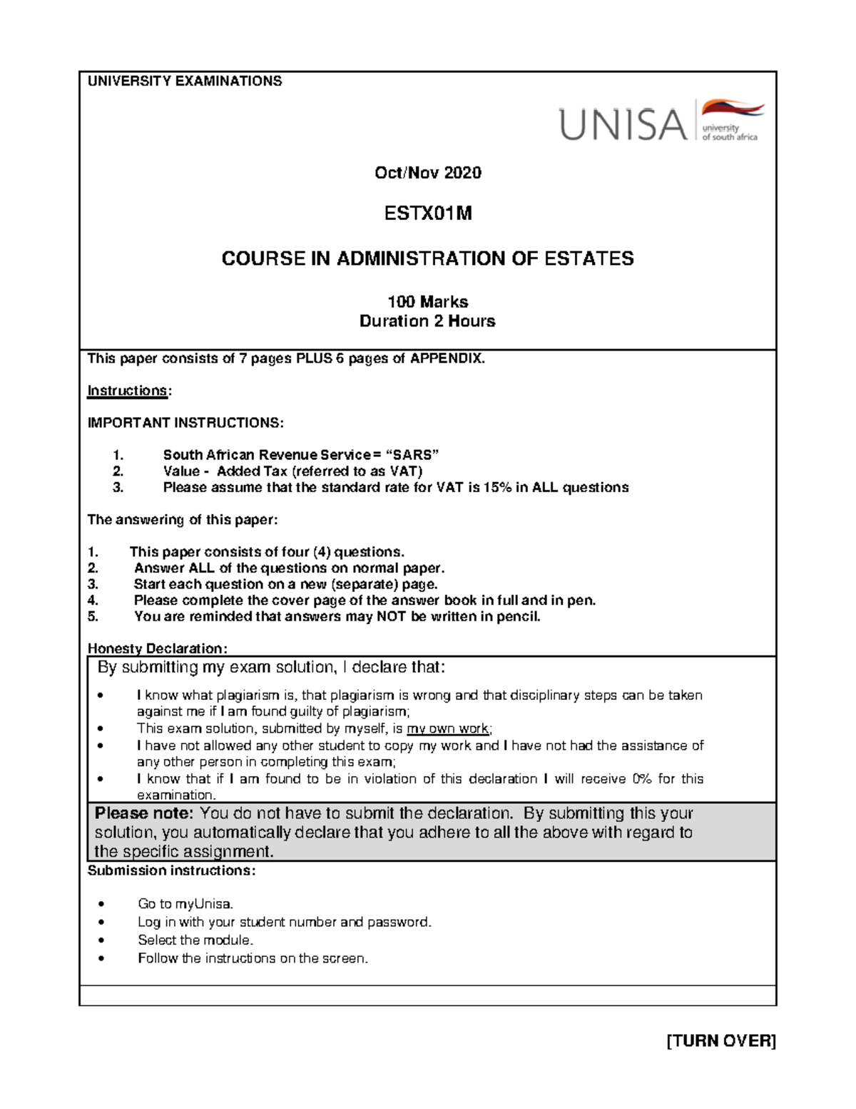 ESTX01M Exam Paper 2020 - [TURN OVER] UNIVERSITY EXAMINATIONS Oct/Nov ...