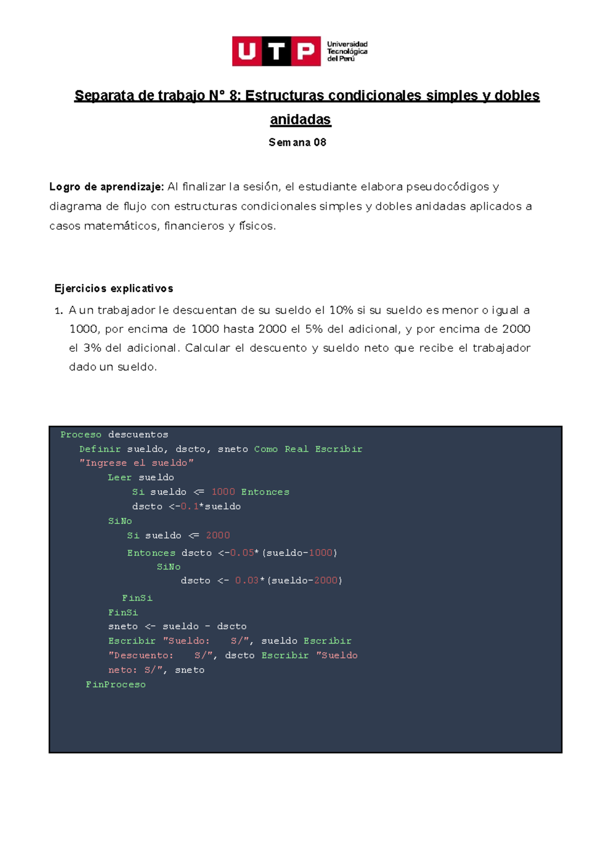S08.s1 - Estructuras condicionales simples y dobles anidadas - Separata de trabajo N° 8 ...