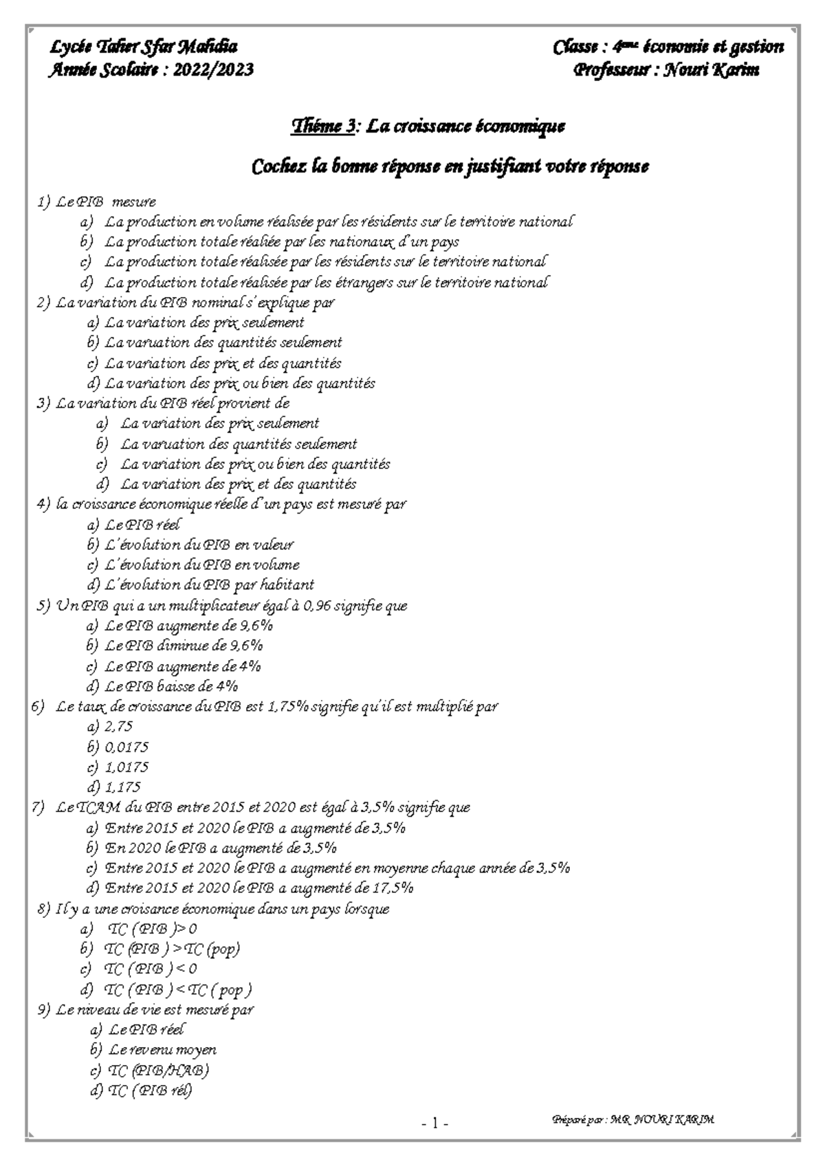 Theme 3QCM - Doc - 1 - Préparé par : MR NOURI KARIM Lycée Taher Sfar ...