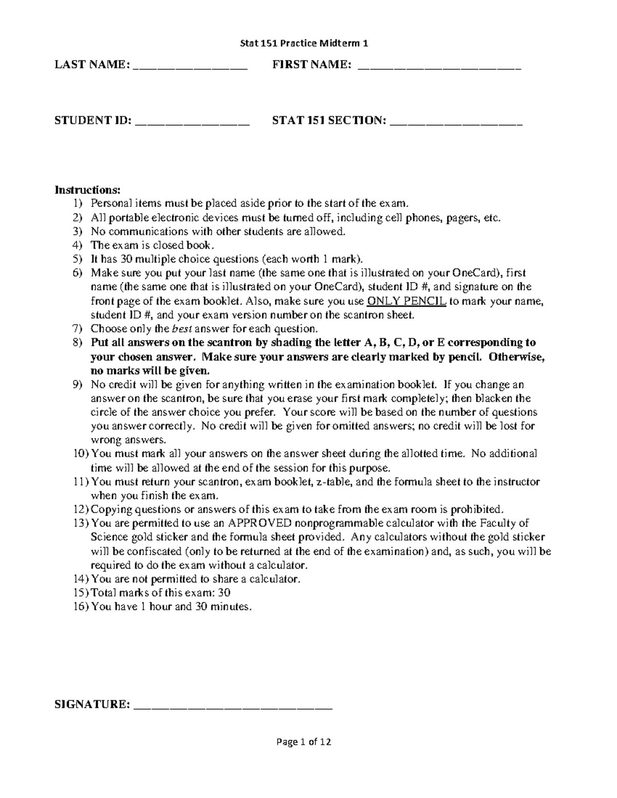 Practice Midterm 1 with Answers - Stat 151 Practice Midterm 1 LAST NAME ...