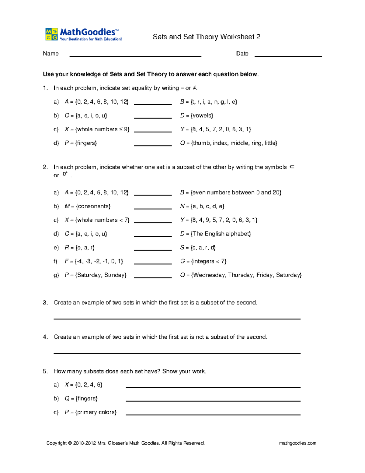 Unit15 wks2 - Sets and Set Theory Worksheet 2 Name Date Use your ...