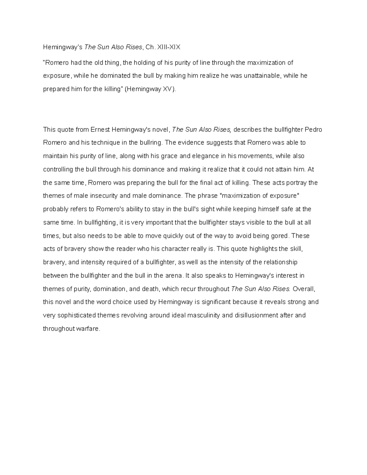 Week 13 eng 130 - eng 130 - Hemingway’s The Sun Also Rises, Ch. XIII ...