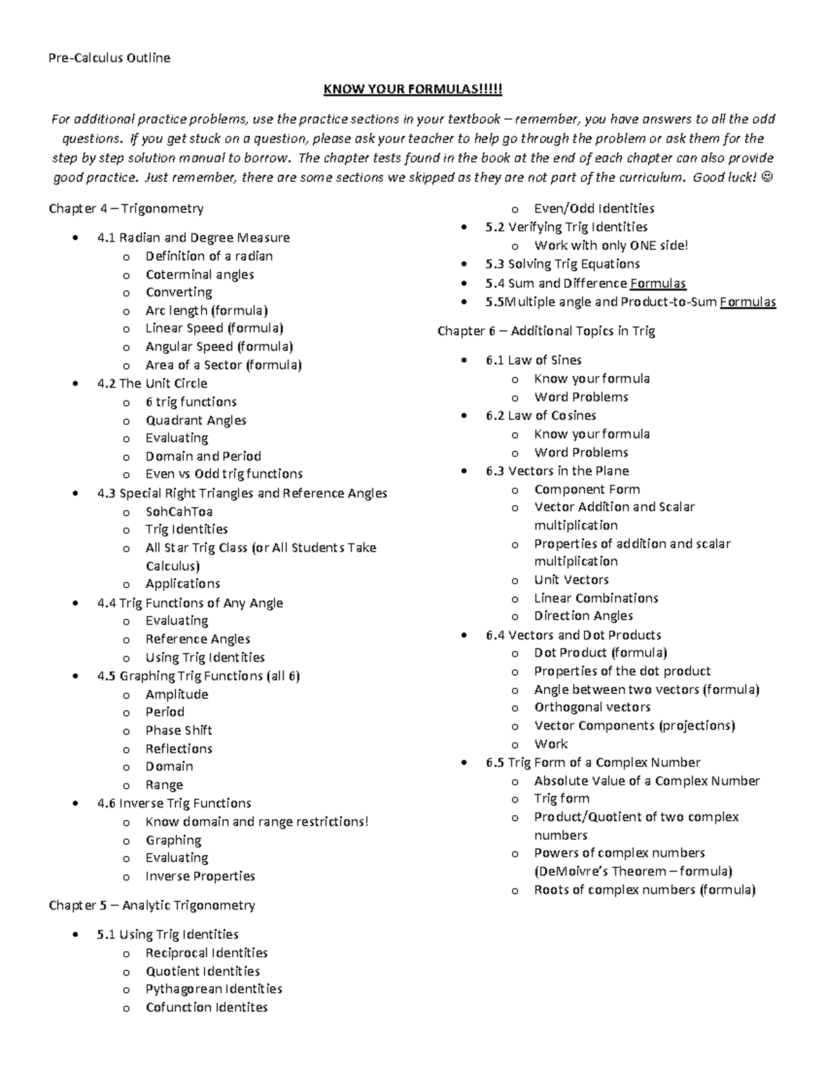 Semester 2 Final Study Guide - Pre-Calculus Outline KNOW YOUR FORMULAS ...