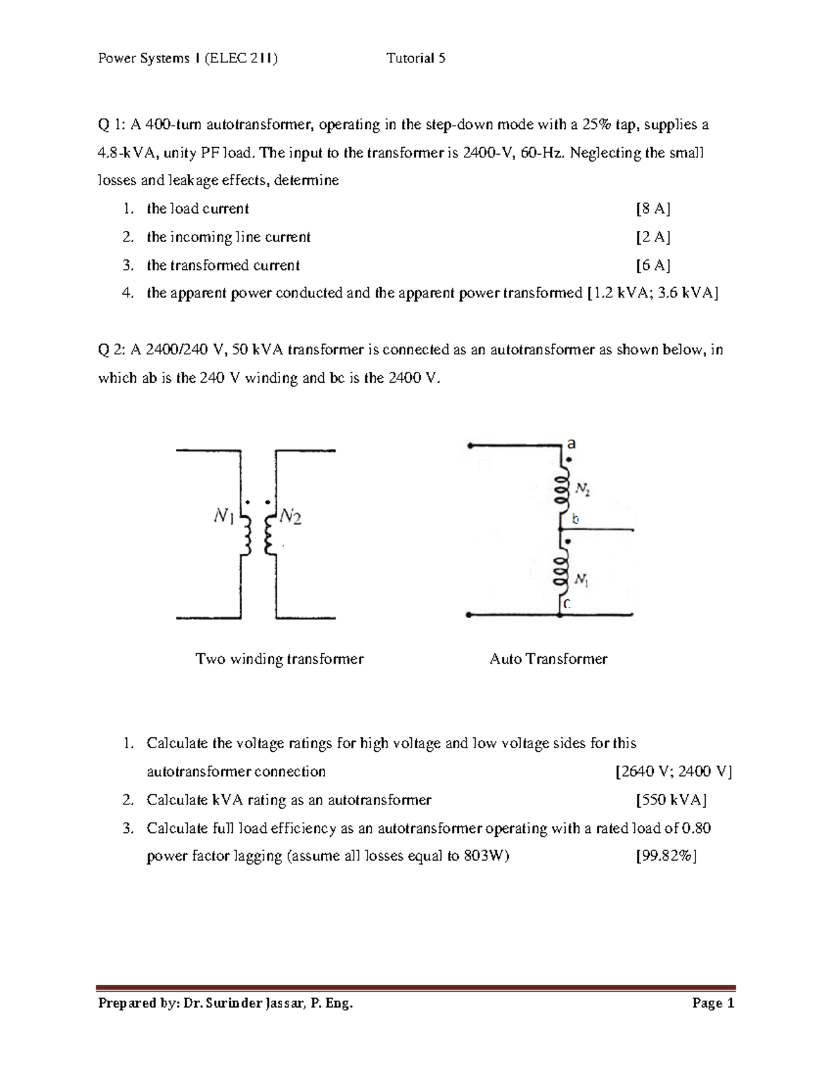 Tutorial week 5 - practice work - Power Systems 1 (ELEC 211) Tutorial 5 ...