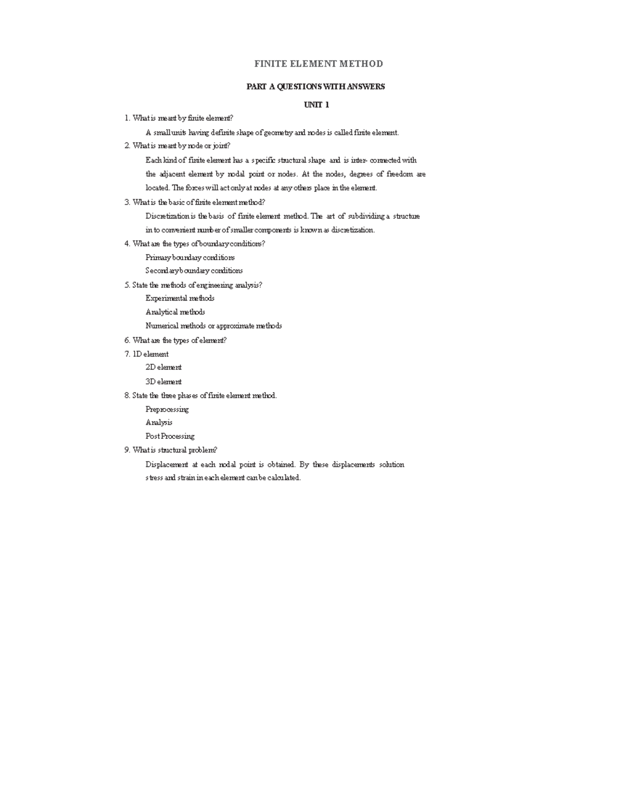 Basic FEA Questions - FINITE ELEMENT METHOD PART A QUESTIONS WITH ...