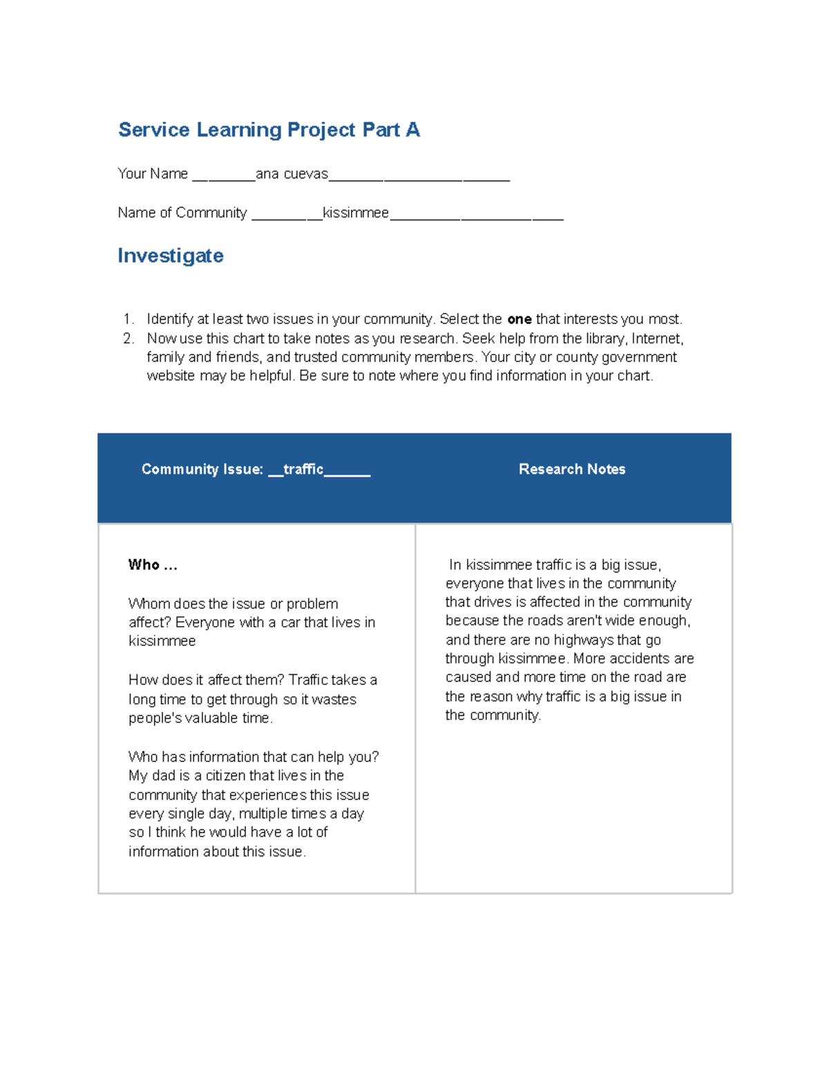Service Learning Project Part A - Select the one that interests you ...