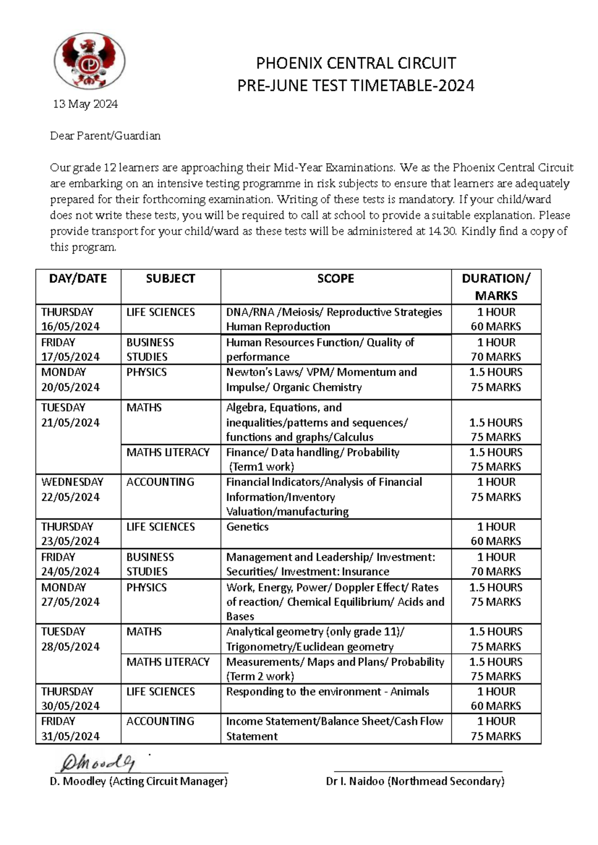 Pre June Tests Timetable 240513 183435 - PHOENIX CENTRAL CIRCUIT PRE ...