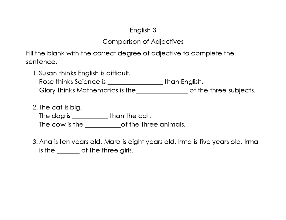 Comparison of Adjectives - English Communication - English 3 Comparison ...
