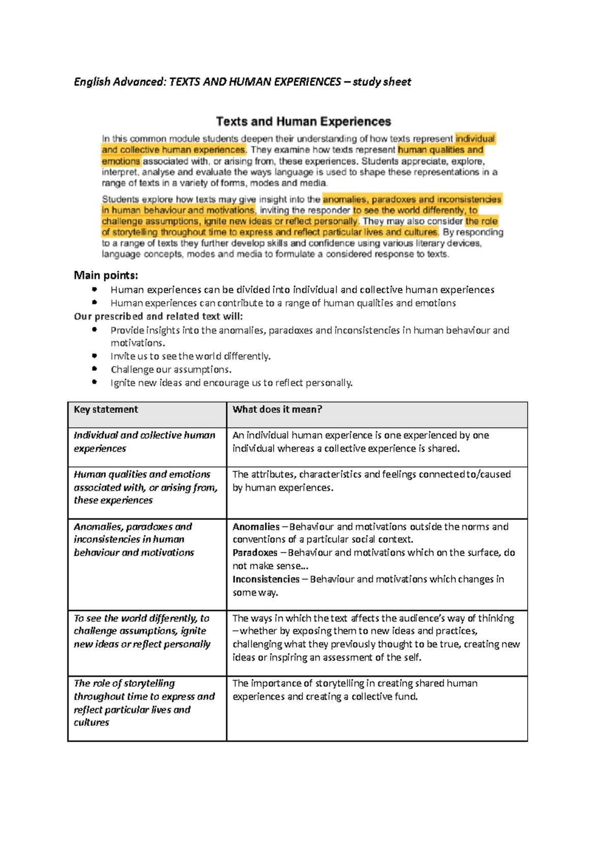 Txts and human exp. - study sheet - English Advanced: TEXTS AND HUMAN ...