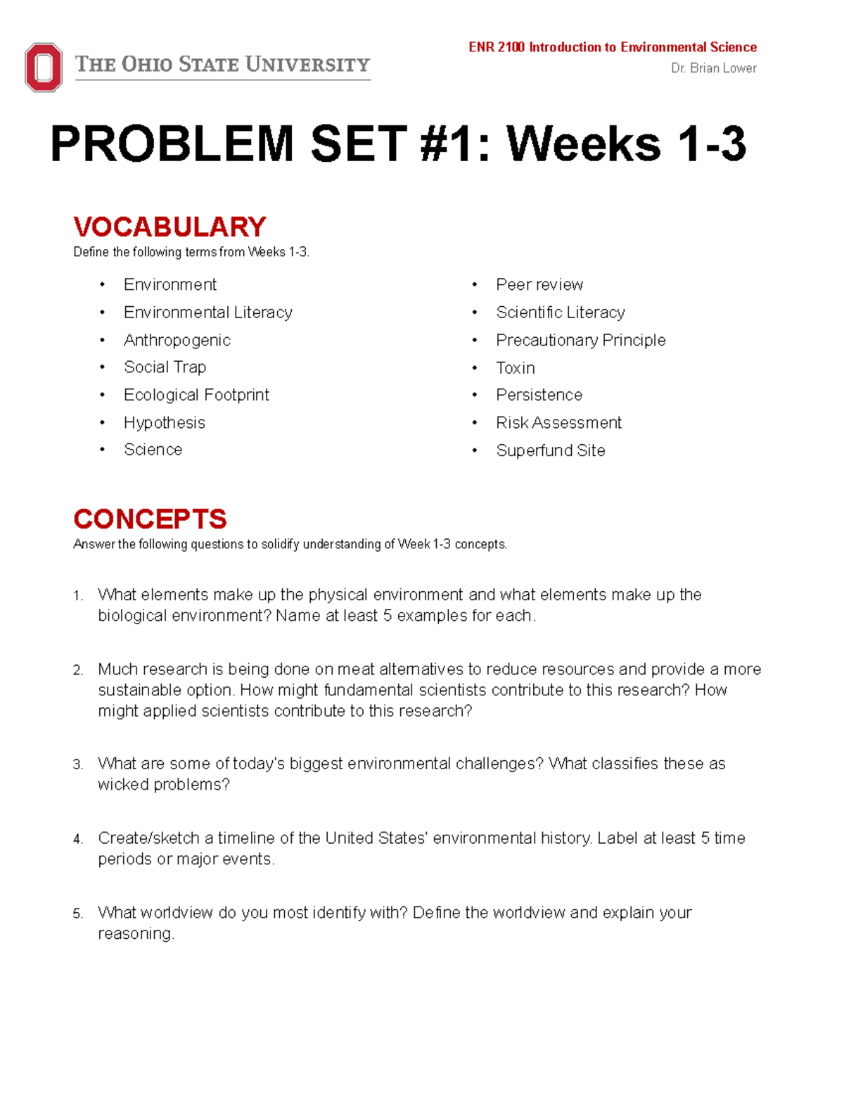 Problem Set #1- Weeks 1-3 - ENR 2100 Introduction to Environmental ...