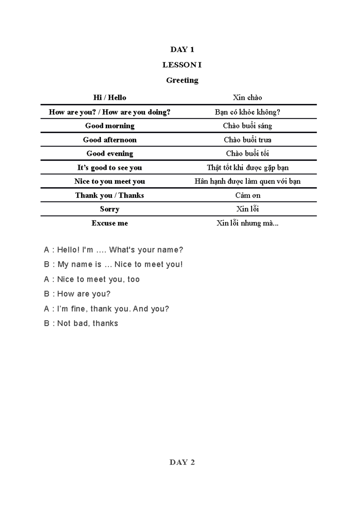Lesson plan - DAY 1 LESSON I Greeting Hi / Hello Xin chào How are you ...