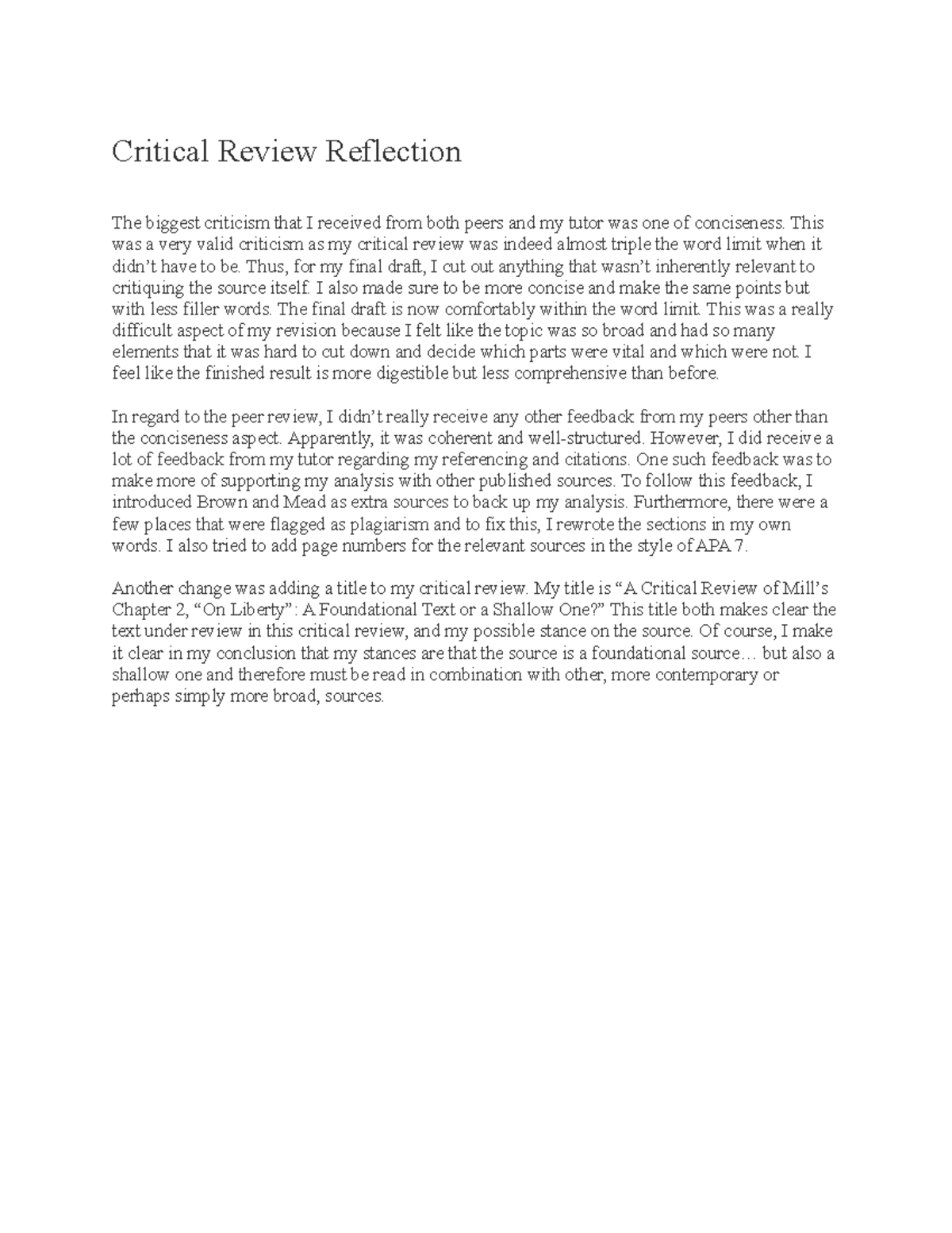 Critical Review Reflection - Writing at University - Victoria ...