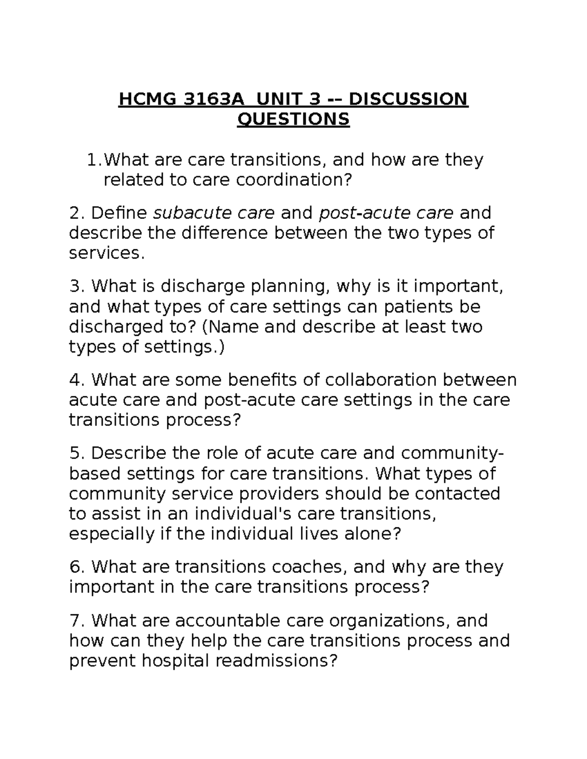 HCMG 3163A UNIT 3 -– Discussion Questions - HCMG 3163A UNIT 3 ...