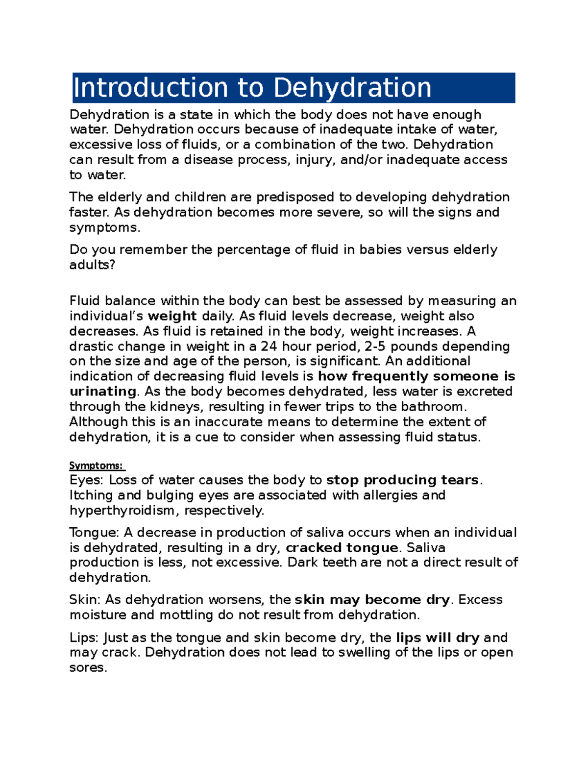 Dehydration Module - NR283 - Introduction to Dehydration Dehydration is ...