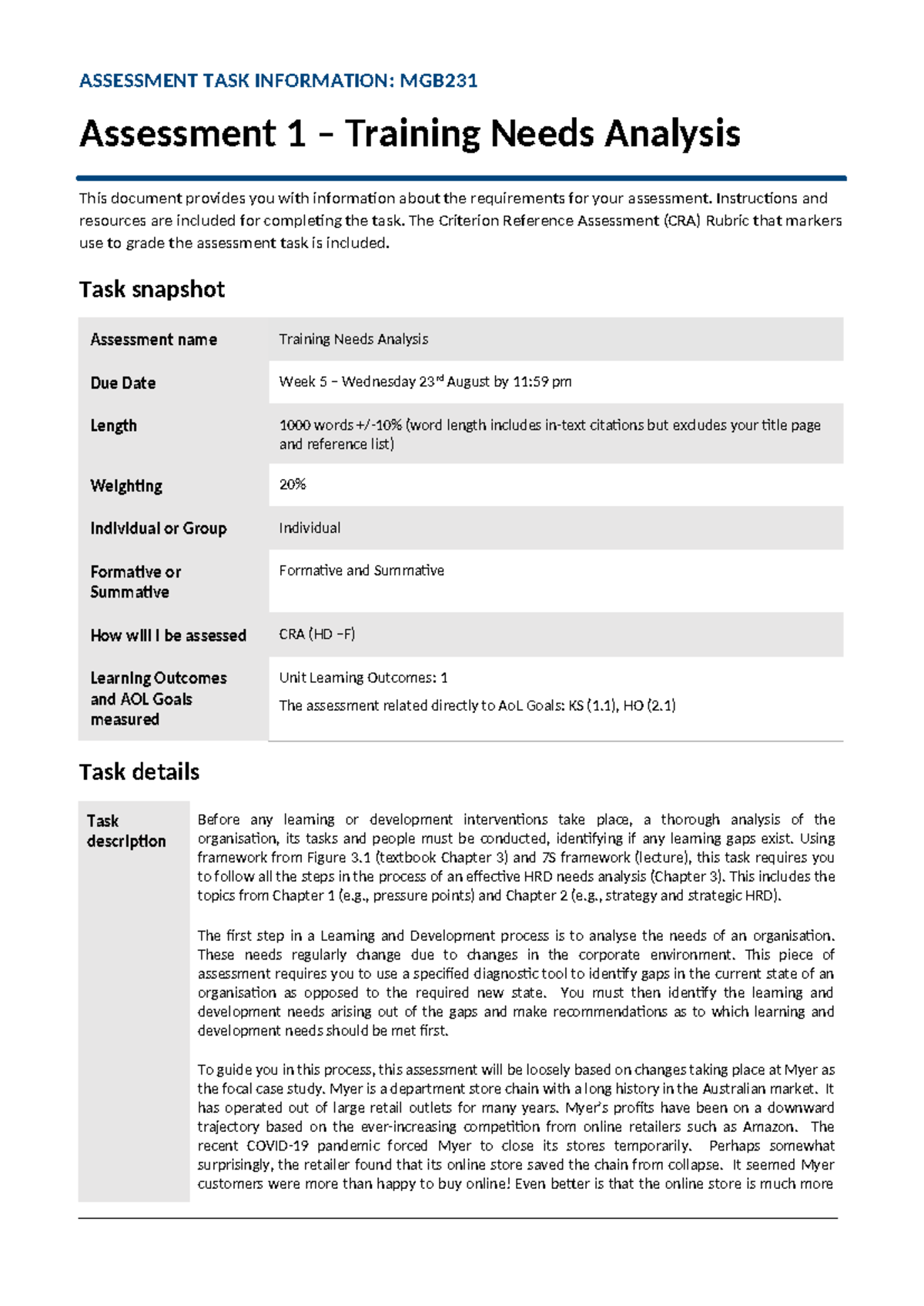 Assessment 1 Tasksheet - ASSESSMENT TASK INFORMATION: MGB Assessment 1 ...