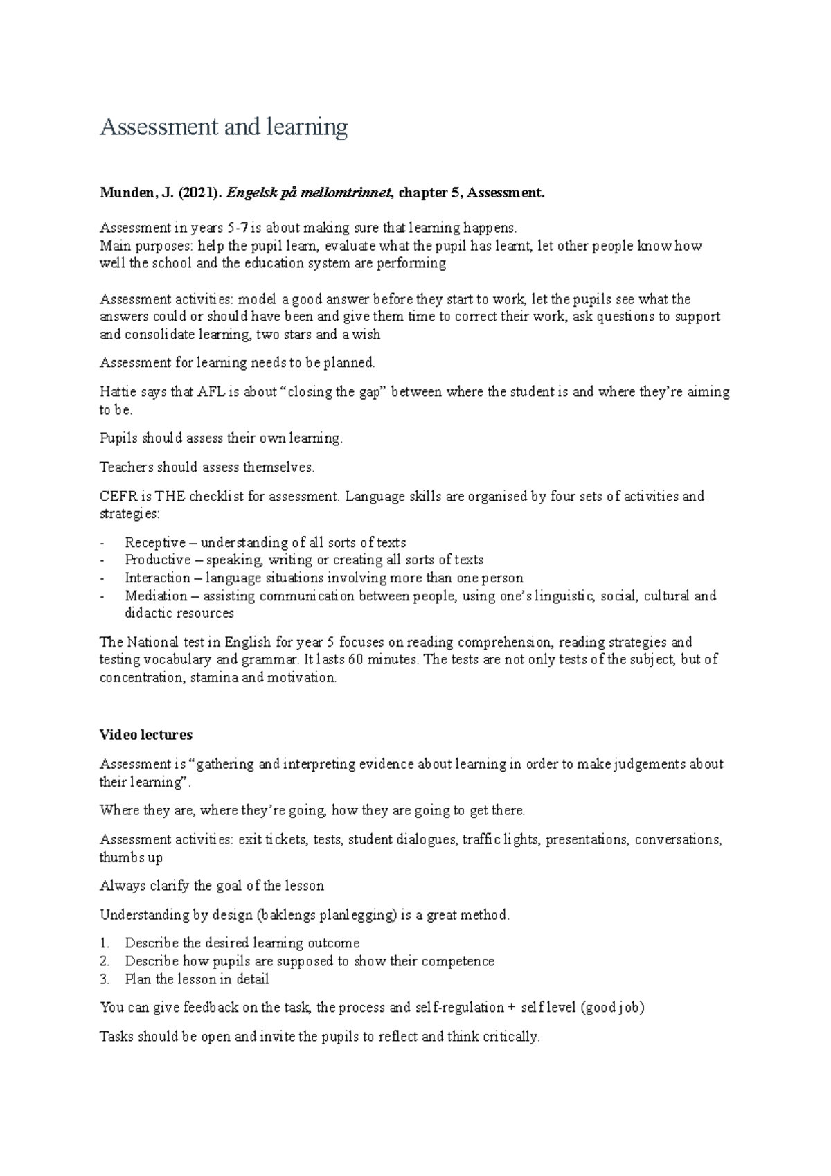 Assessment and learning short - Assessment and learning Munden, J ...