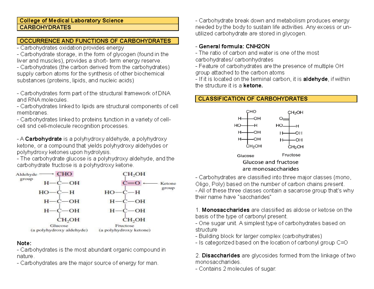 WEEK 3 Carbohydrates Notes - College of Medical Laboratory Science ...