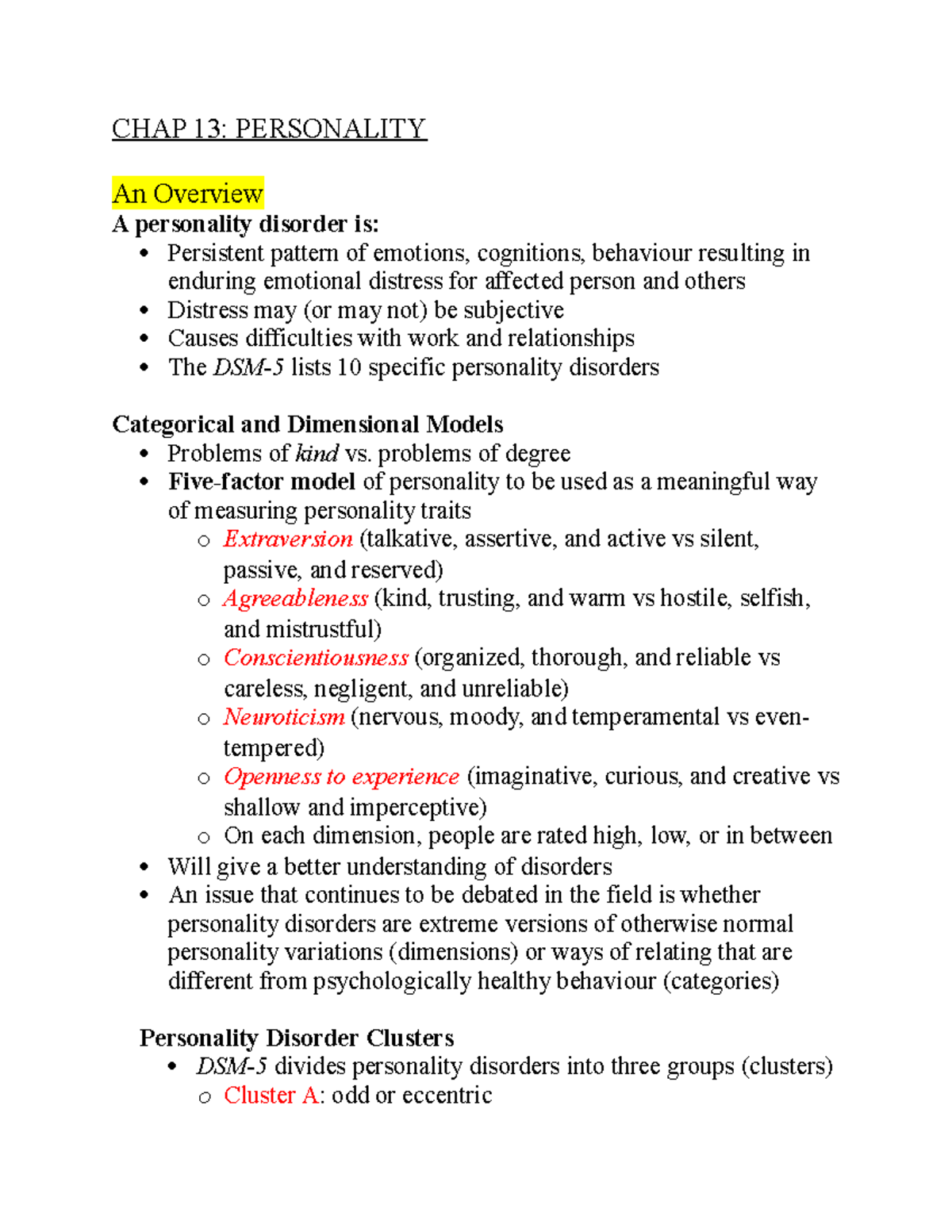 CHAP 13 - Chap 13 textbook notes - CHAP 13: PERSONALITY An Overview A ...