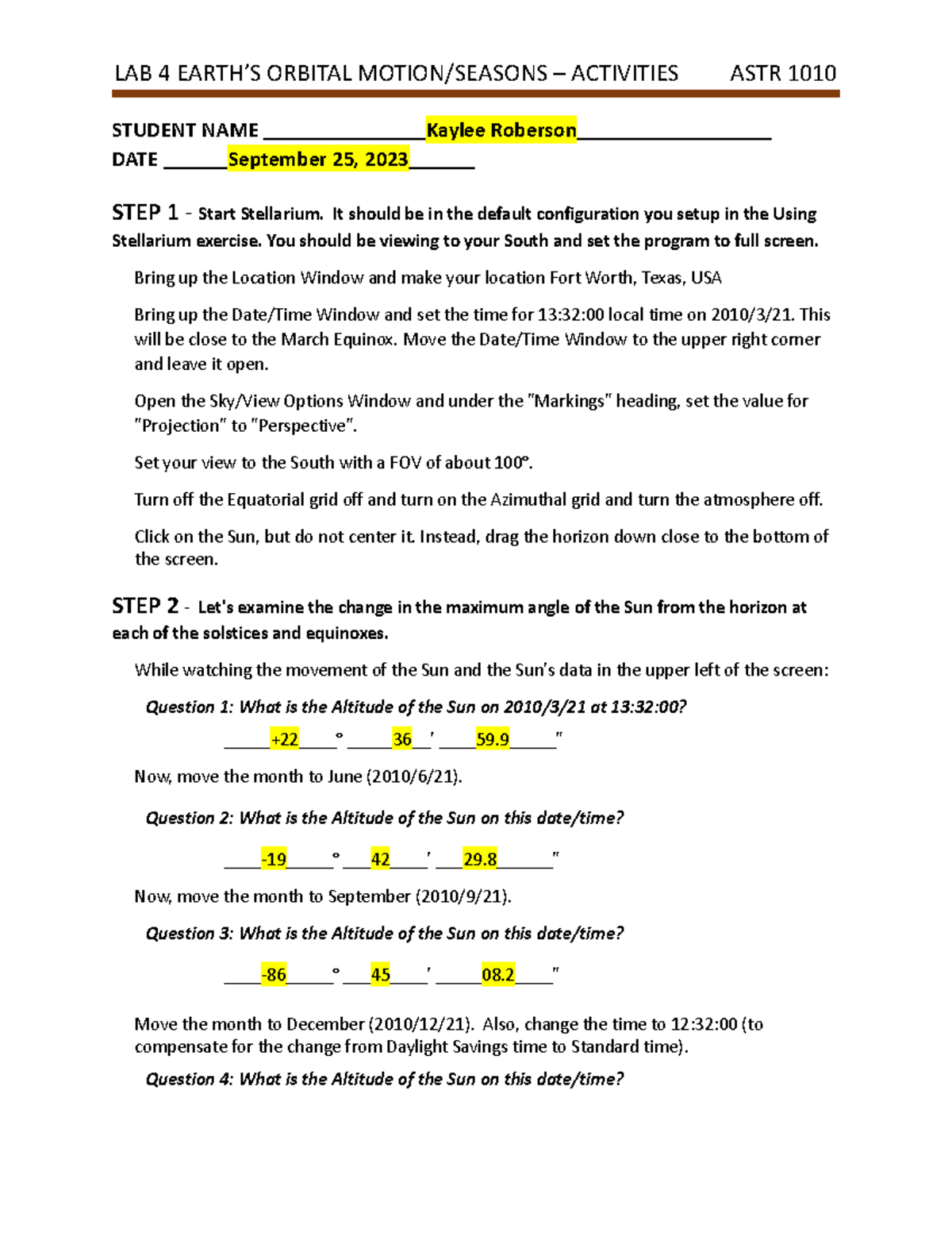 ASTR 1010 LAB 4 Earth's Orbital Motion and Seasons - Activity - LAB 4 ...