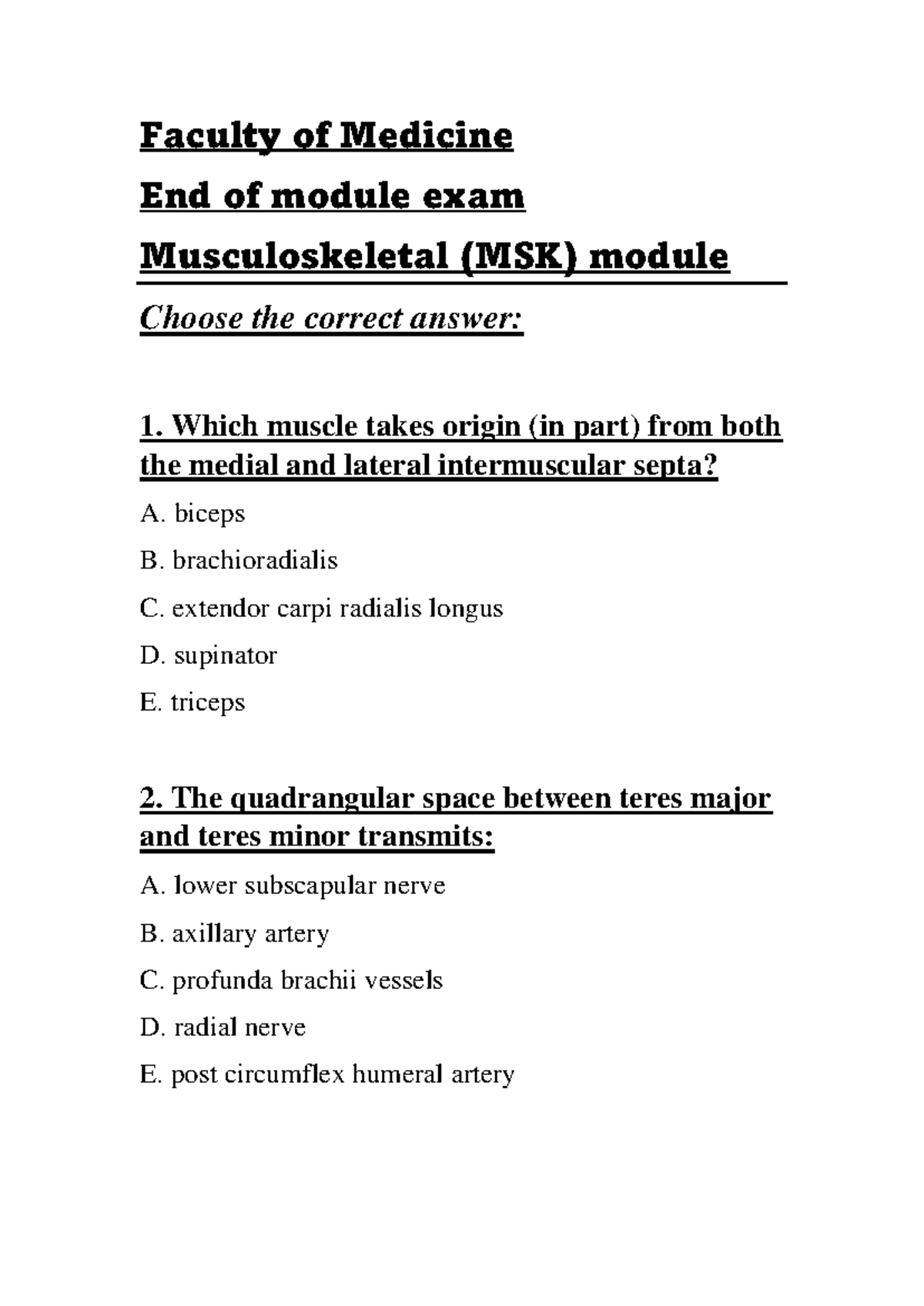 End MSK 2023 حكومي - MEDICINE - Faculty of Medicine End of module exam Musculoskeletal (MSK ...