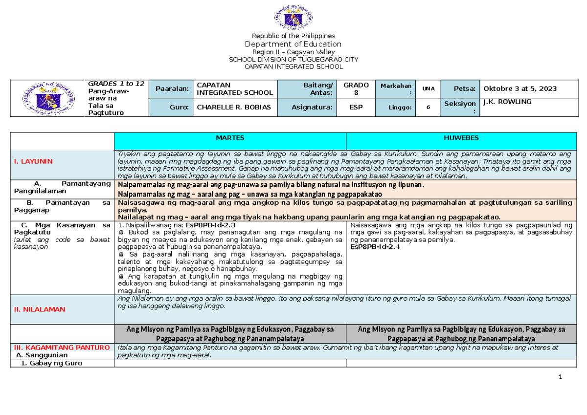 DLL - ESP8 (Week 6) - DLL 2nd Quarter ESP 8 - Department of Education ...