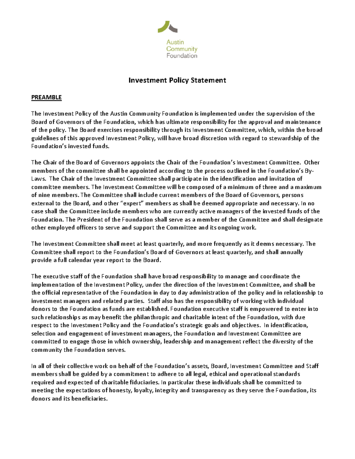 ACF investment policy Current 3 - Investment Policy Statement PREAMBLE ...