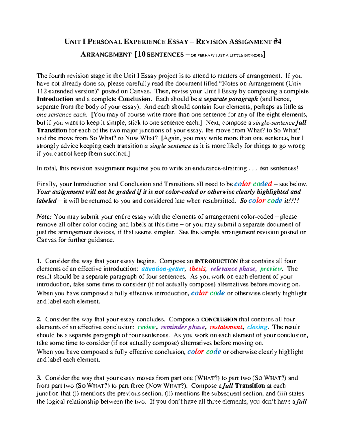 Revision 4 Arrangement Instructions - UNIT I PERSONAL EXPERIENCE ESSAY ...