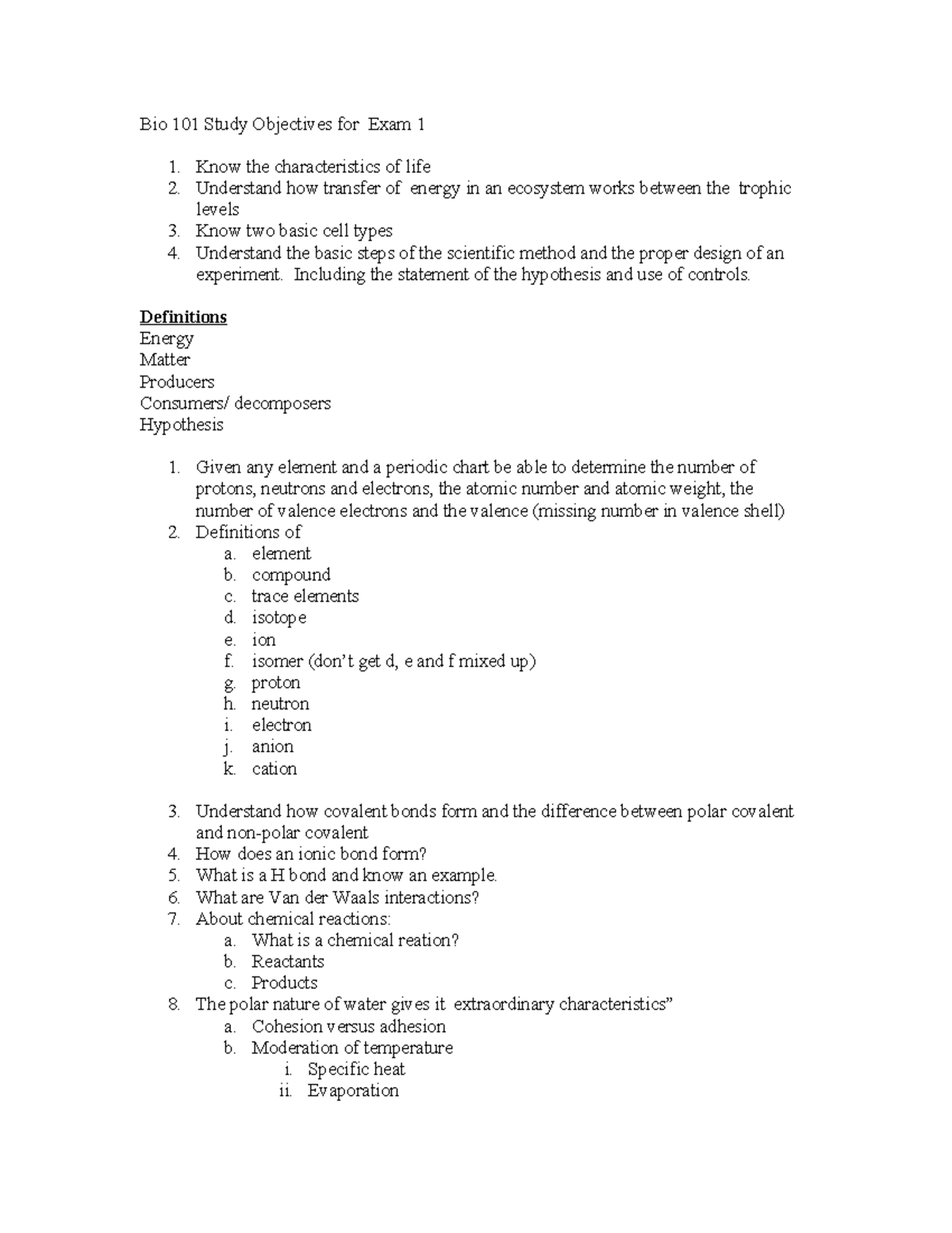 Exam1 Review - Bio 101 Study Objectives for Exam 1 1. Know the ...