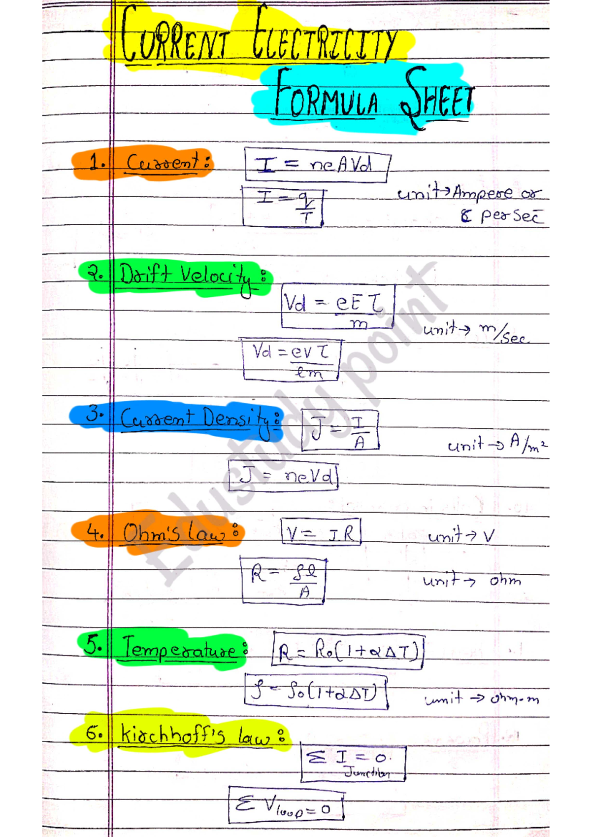 Current electricity formula sheet - Computer Science and Engineering - CURRENT ELECTRICITY ...
