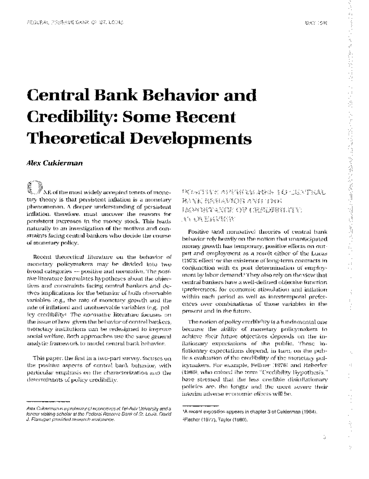 Central Bank Behavior and Credibifity: Some Recent Theoretical ...