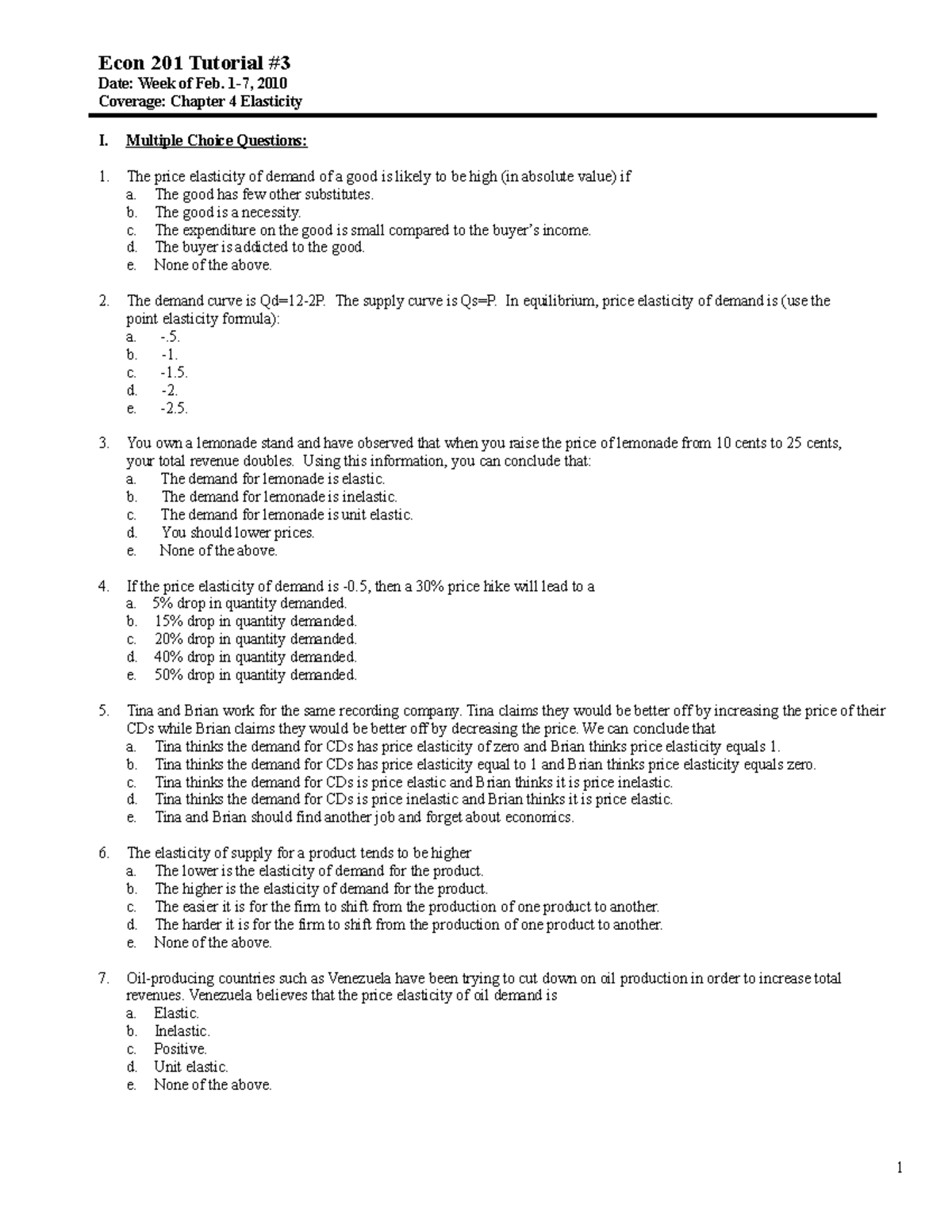 201-tutorial-3 questions to student for examination preparation - Econ 201 Tutorial Date: Week ...