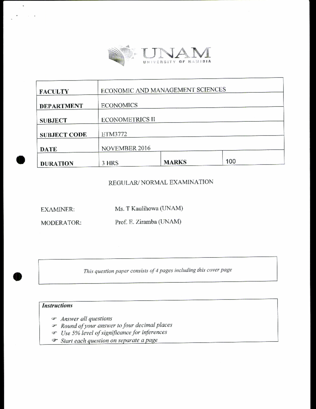 Exam 1 November 2016, questions - Lfe$.&e/X EXAMINER: MODERATOR ...