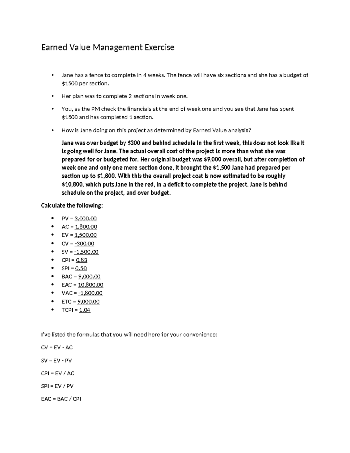 MBA 742-Earned Value Management Homework Assignment - Earned Value Management Exercise • Jane ...