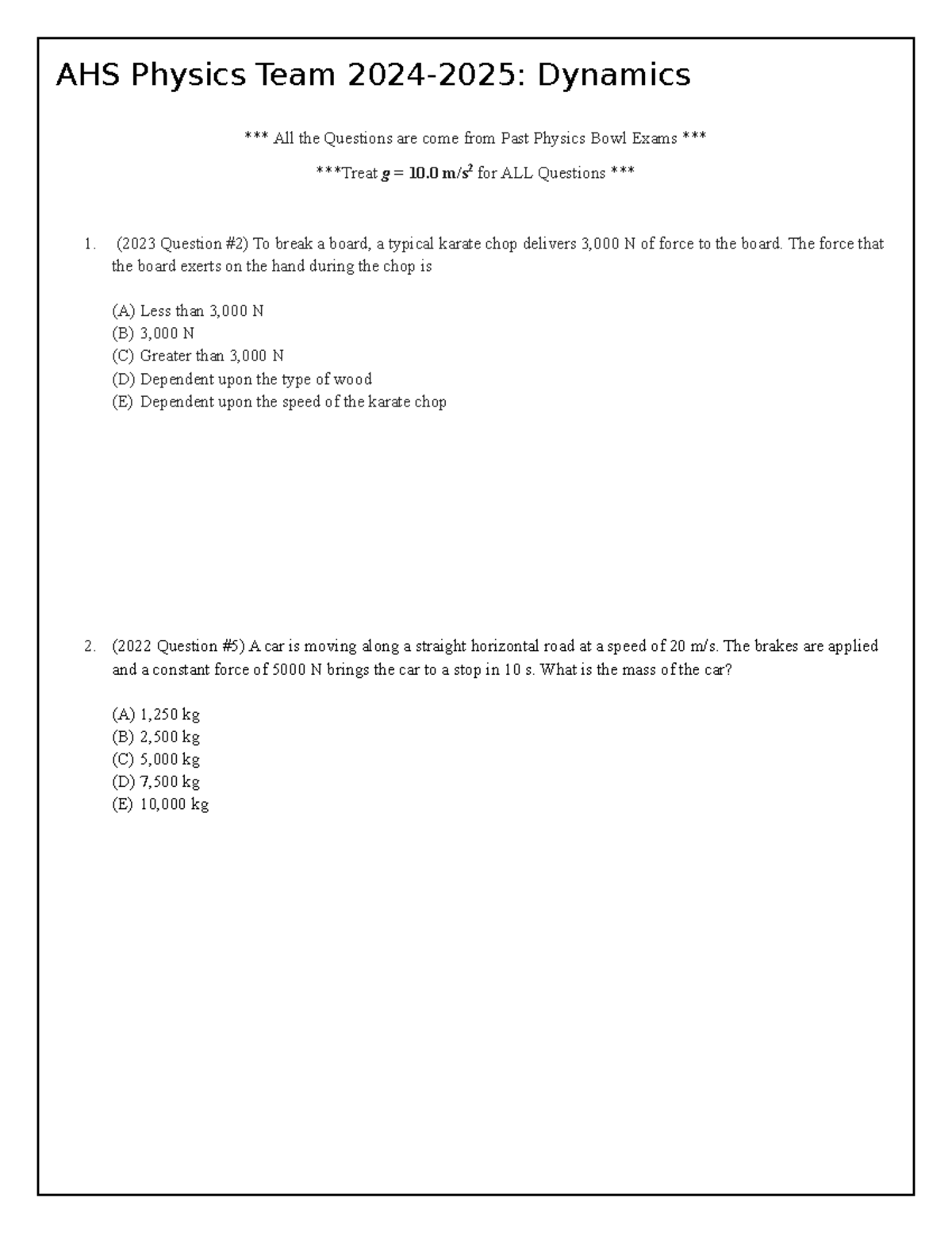 Dynamics Practice - AHS Physics Team 2024-2025: Dynamics *** All the ...