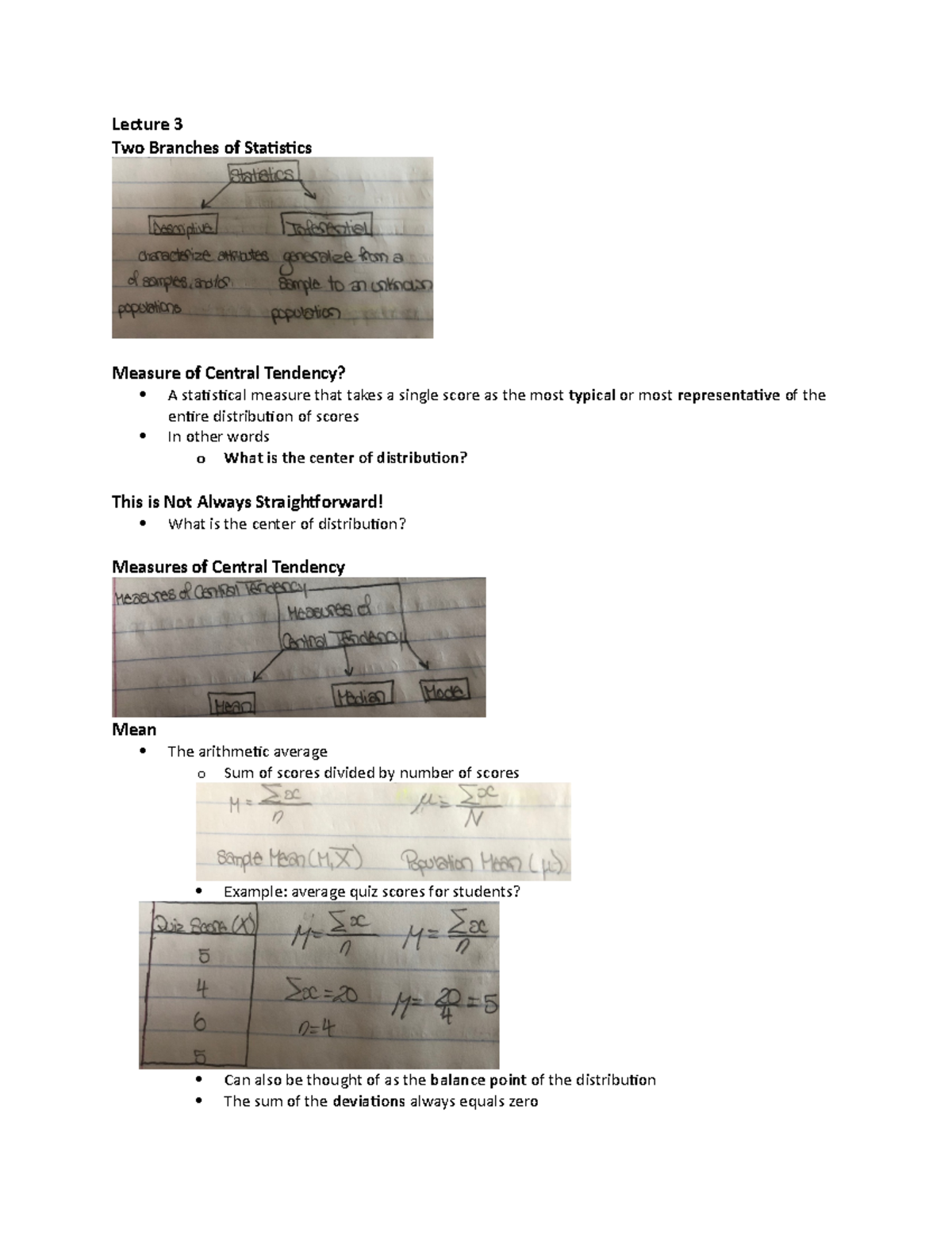 Lecture 3 - Lecture 3 Two Branches of Statistics Measure of Central ...
