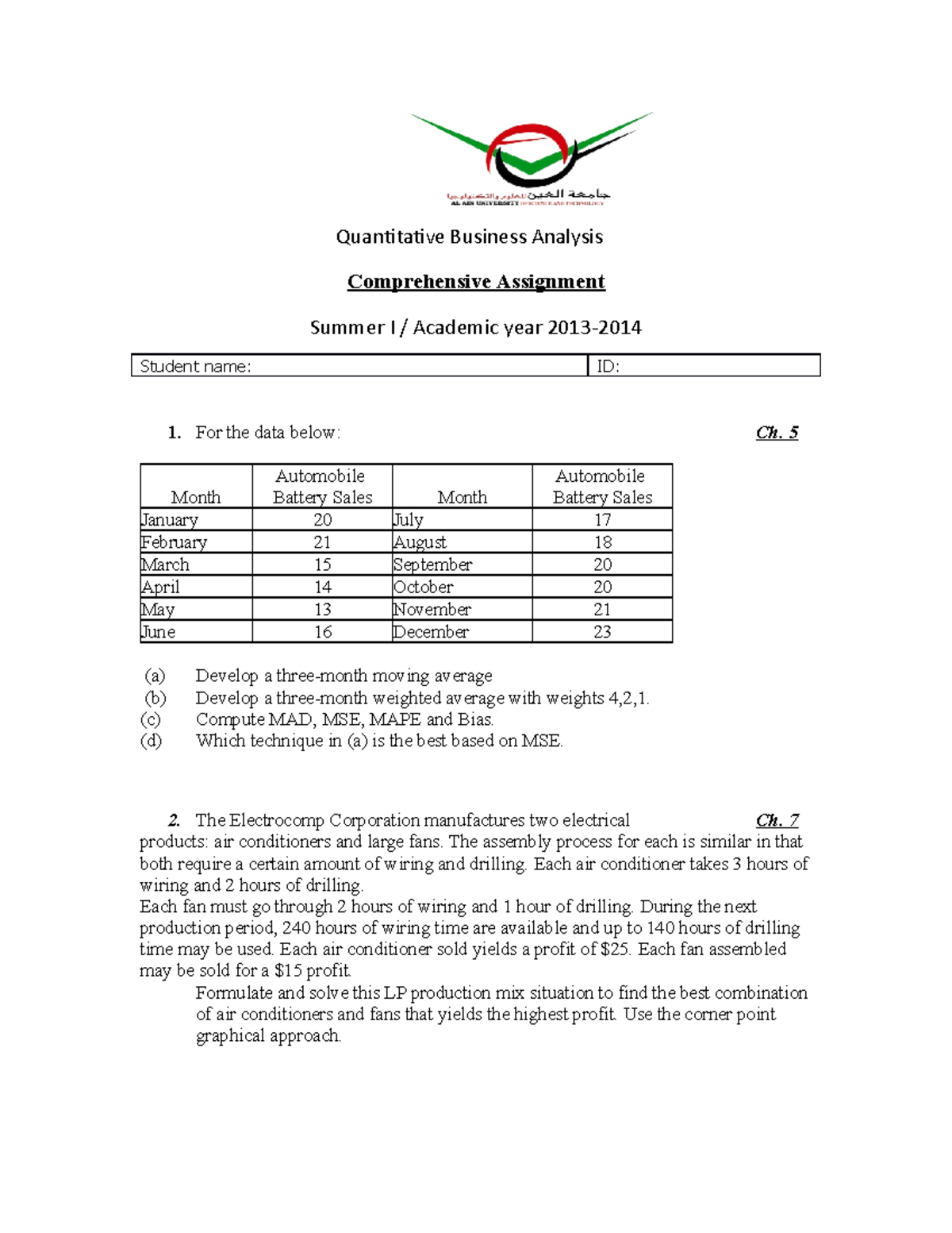 Comprehensive worksheet - Quantitative Business Analysis Comprehensive ...