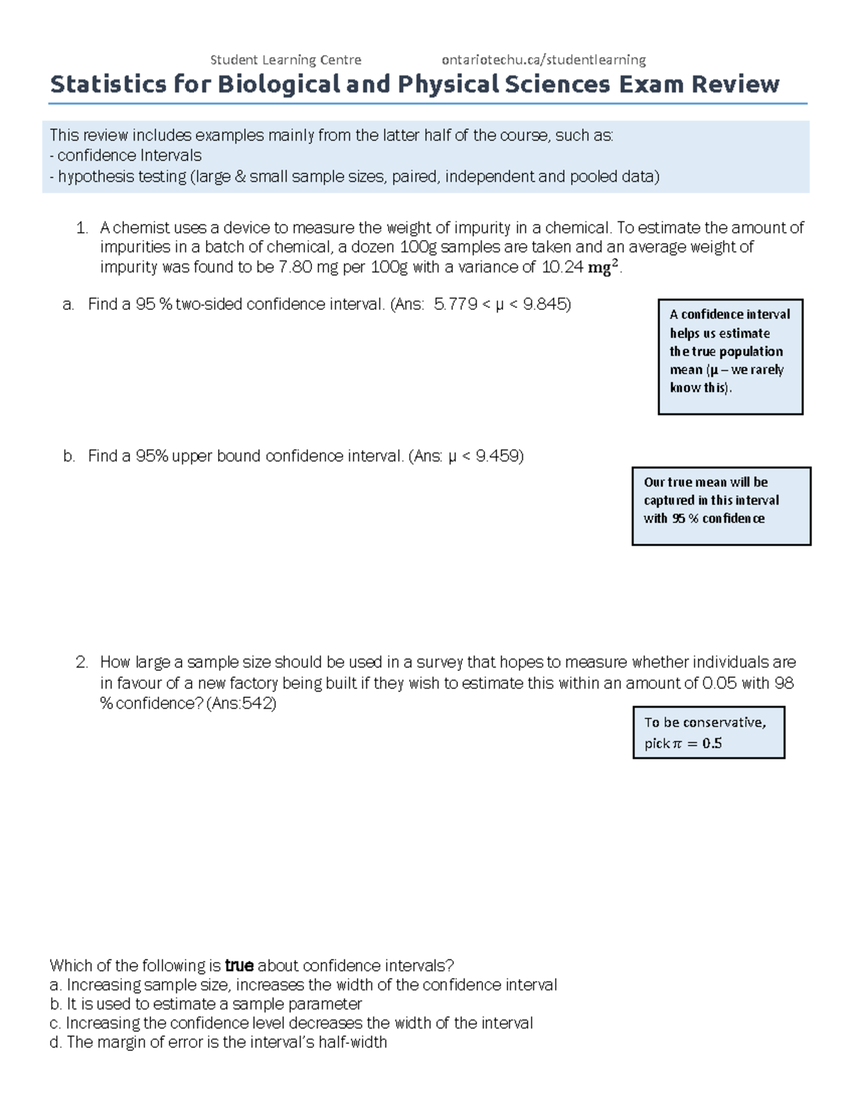 Statistics Exam Review for Biological and Physical Sciences - Studocu