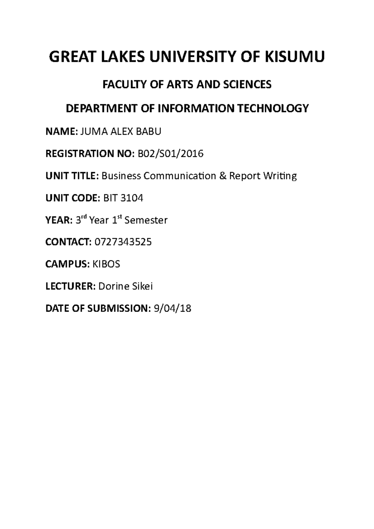 Alex Juma- Business Communication - GREAT LAKES UNIVERSITY OF KISUMU ...