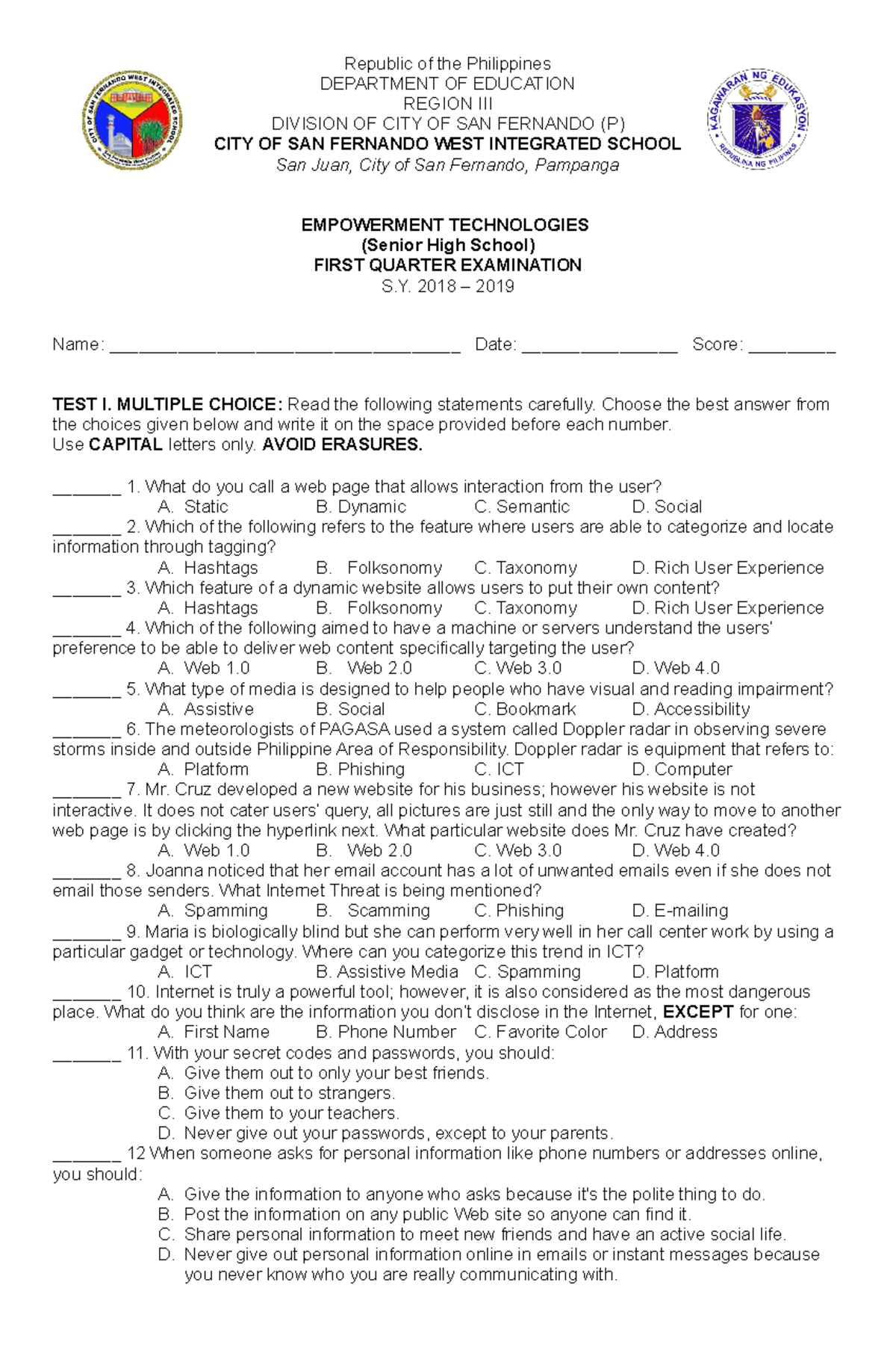 Empotech Periodical TEST Sample 1 - Republic of the Philippines ...