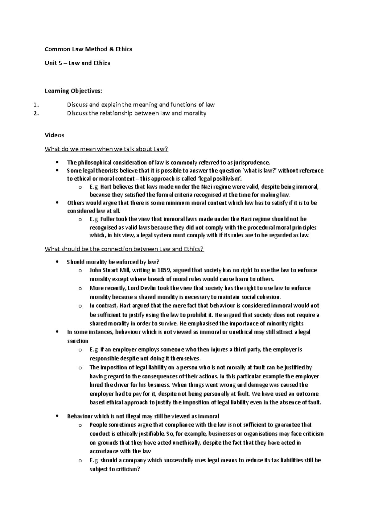 Notes - Common Law Method & Ethics Unit 5 – Law and Ethics Learning ...