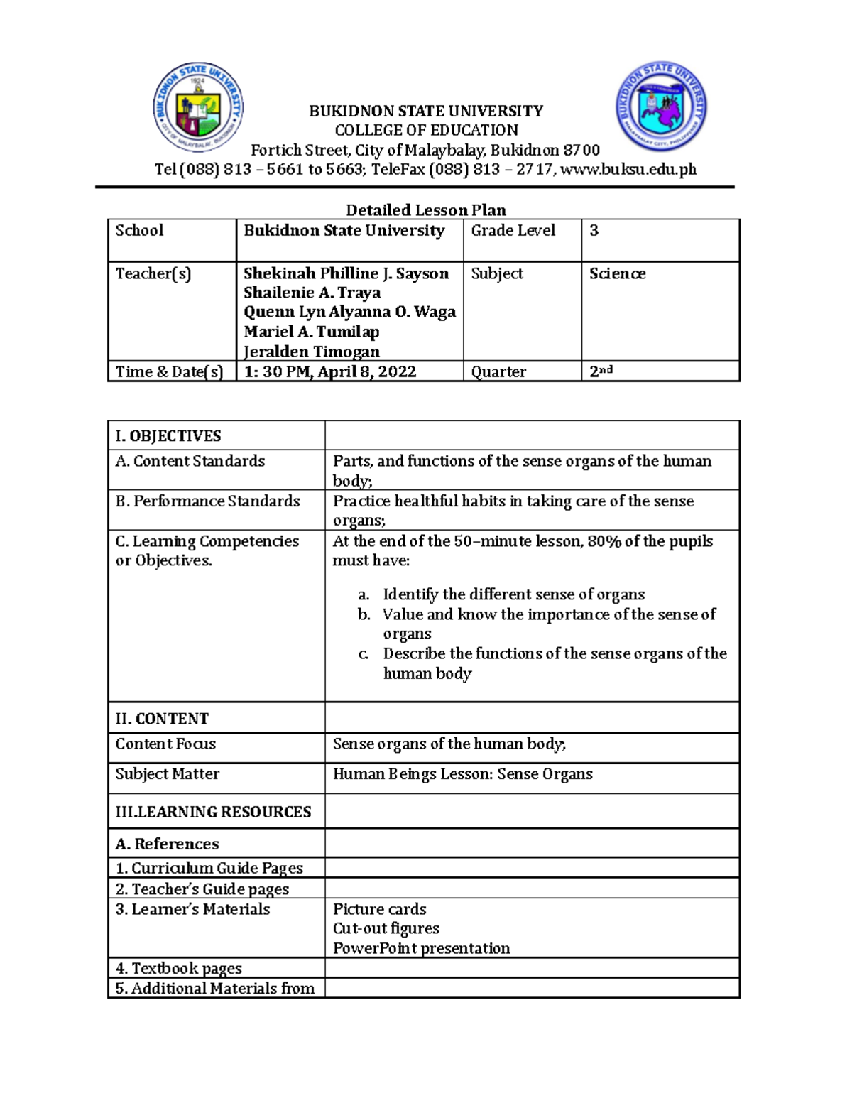 Sense-Organ-Detailed-Lesson-Plan- Final-1 - BUKIDNON STATE UNIVERSITY ...