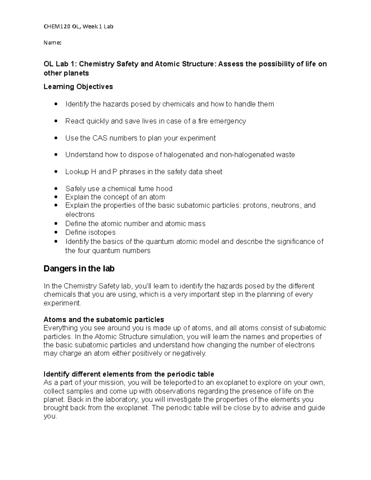 Week 1 Chemistry Lab - Lab - Name: OL Lab 1: Chemistry Safety and ...