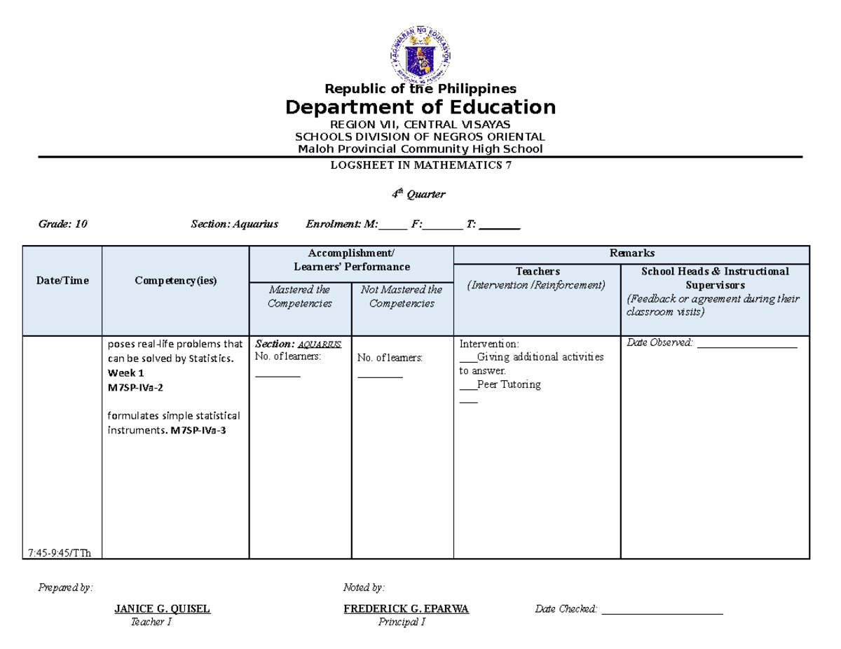 Q4.MATH7 LOG Sheet - Lesson Plan - Department of Education REGION VII ...