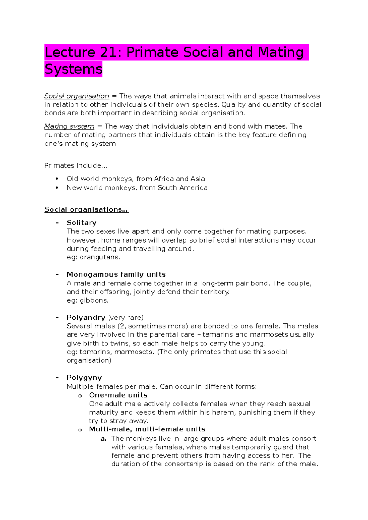 Lecture 21- Primate Social and Mating Systems - Lecture 21: Primate ...