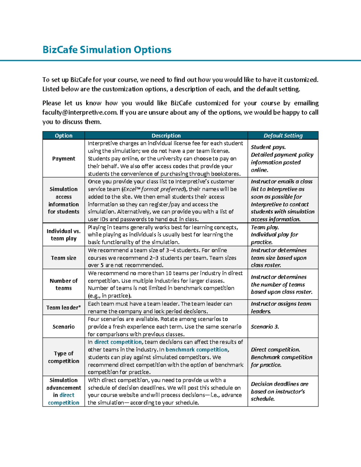 Customization of Simulation - BizCafe Simulation Options To set up ...