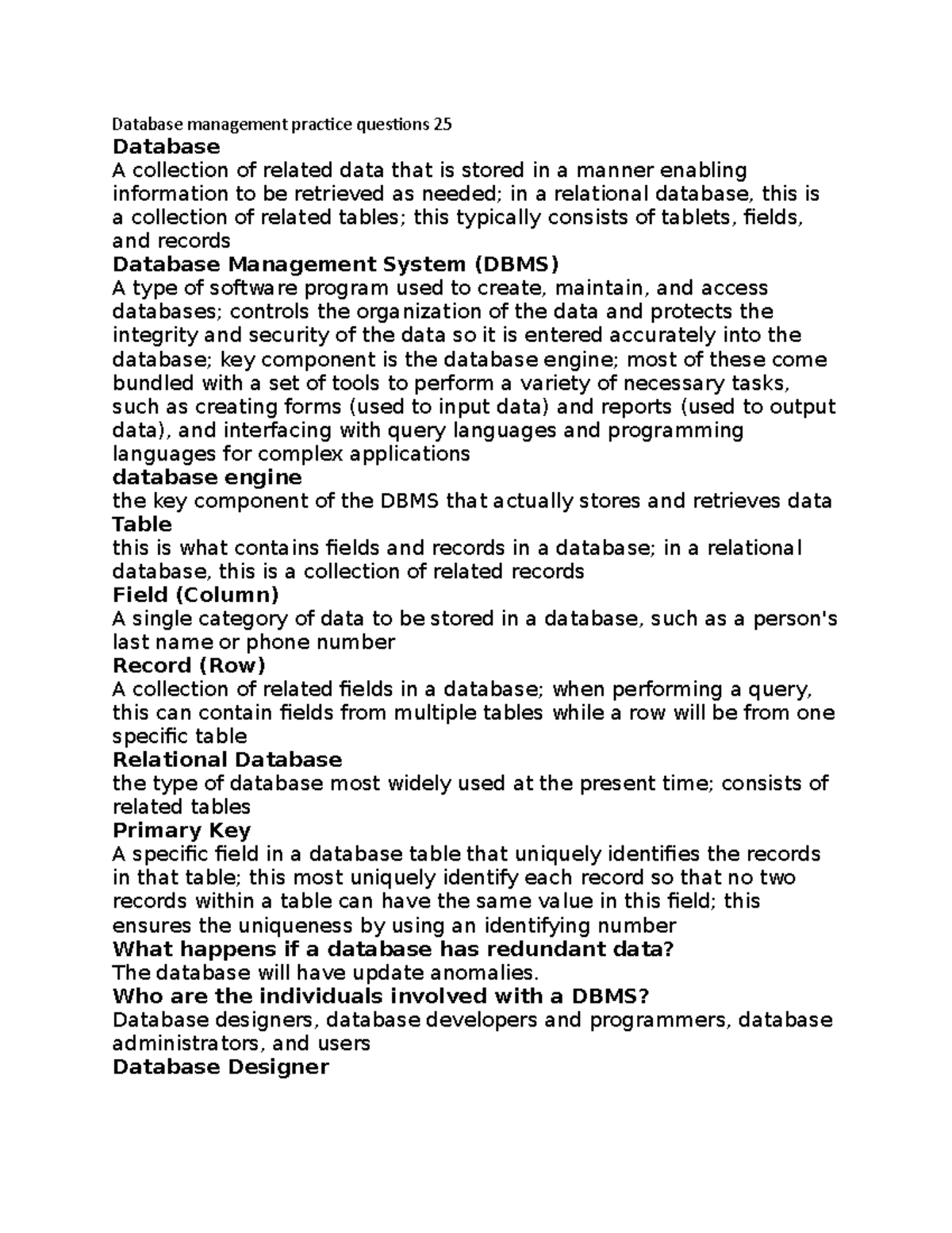 Database Management Practice Questions 25 Who Are The Individuals