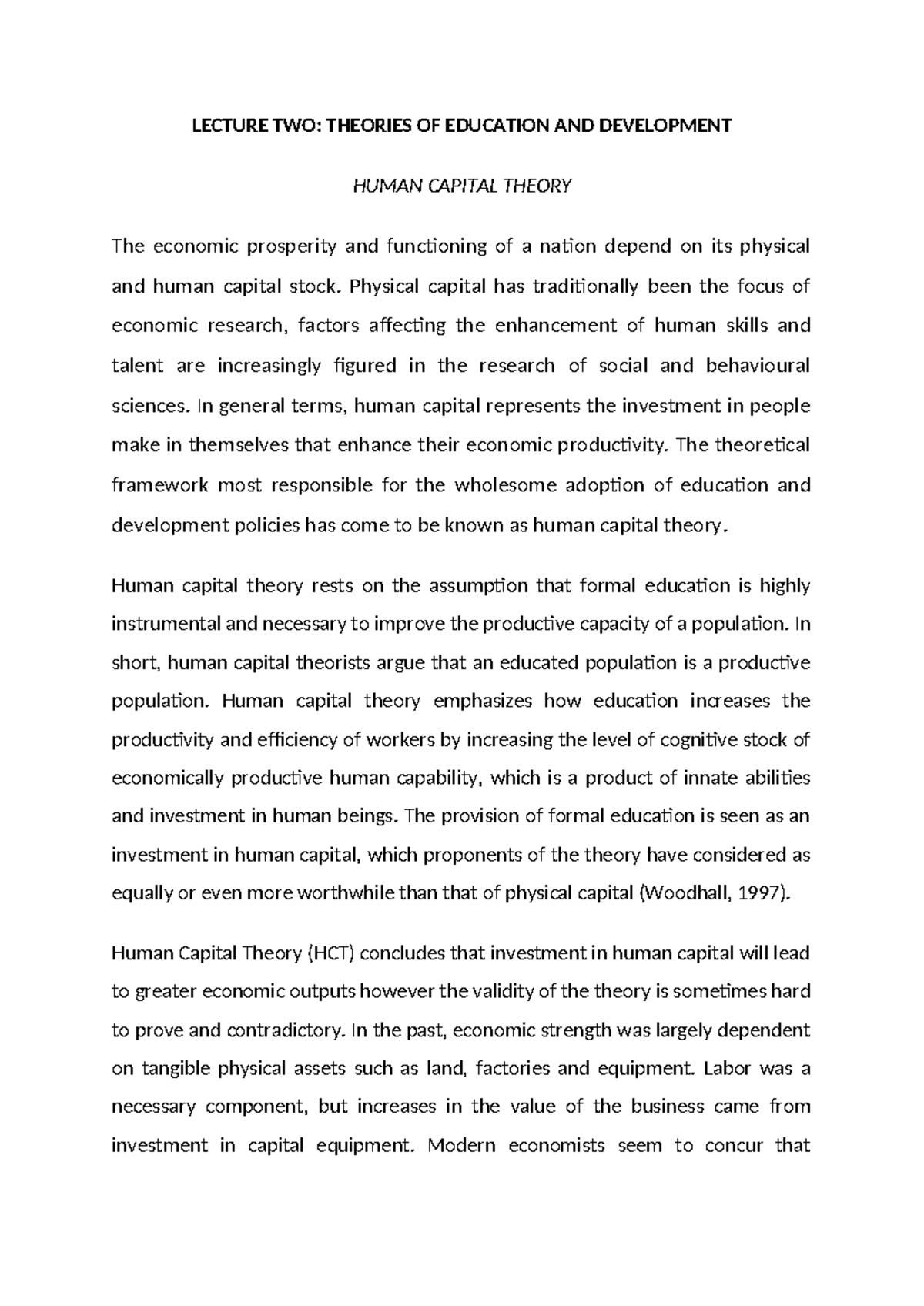 Human Capital Theory - Primary degree - LECTURE TWO: THEORIES OF ...