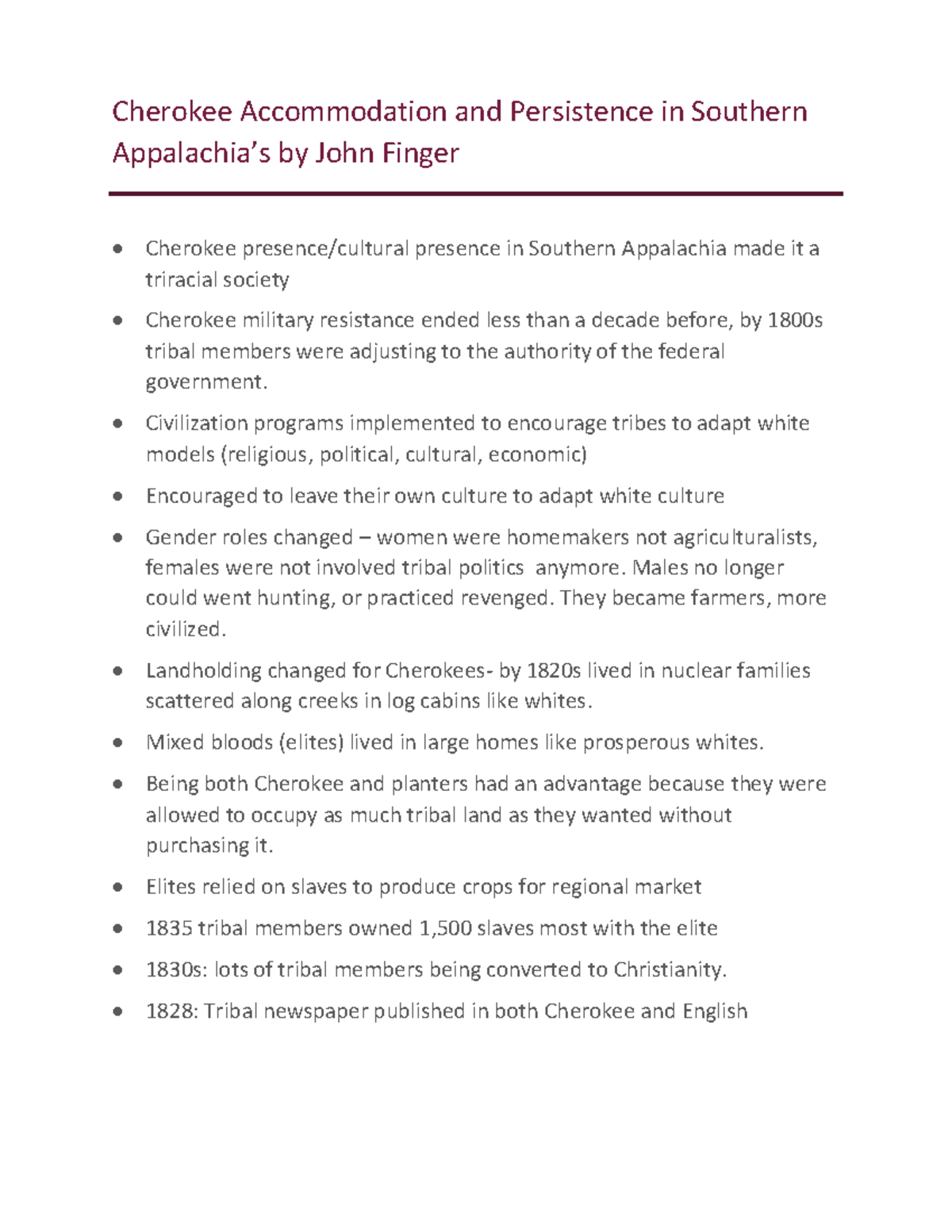 Cherokee Accommodation and Persistence in Southern Appalachia Notes ...