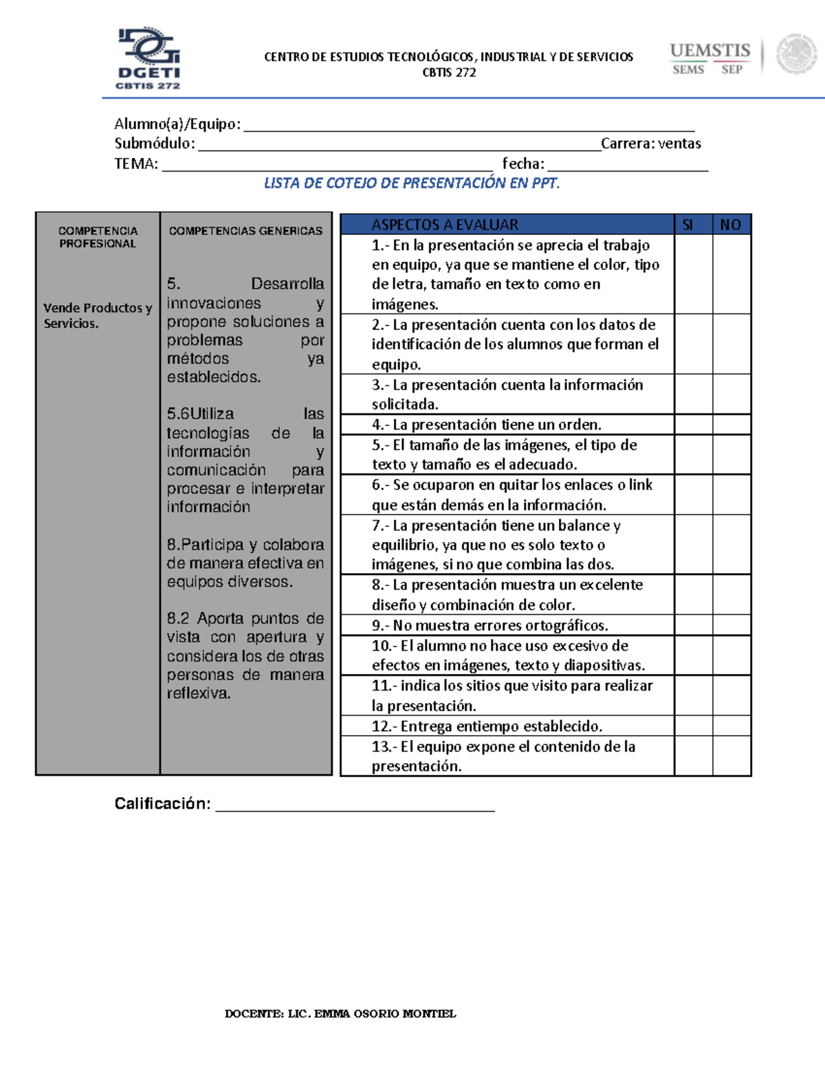 Lista DE Cotejo Presentaciòn EN Powerpoint - CENTRO DE ESTUDIOS TECNOL ...