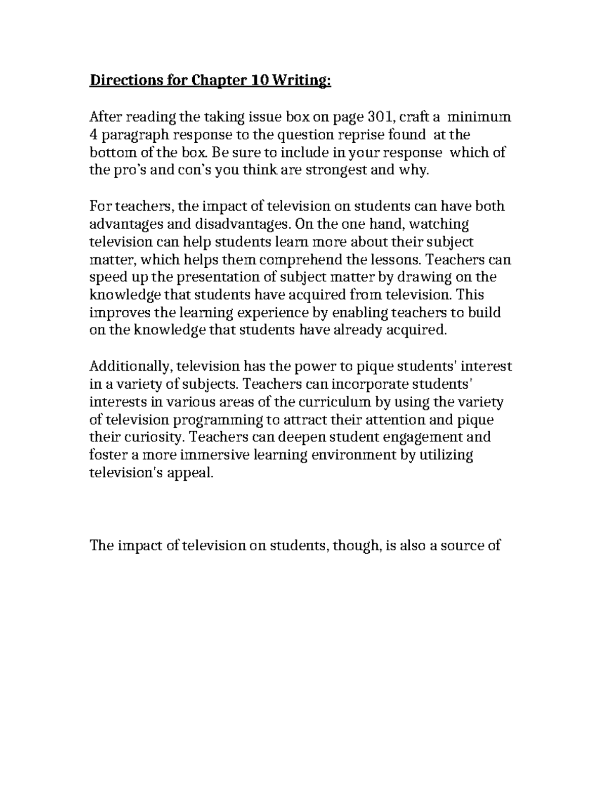 Chapter 10 and 11 Assignment - Directions for Chapter 10 Writing: After ...